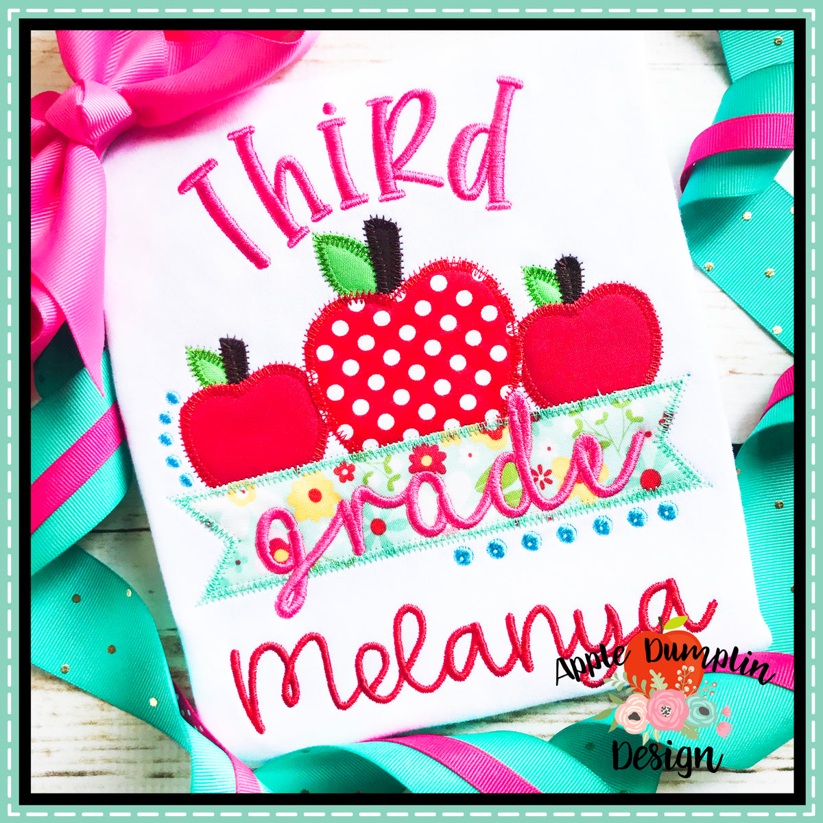 3rd Grade Apple Banner Zigzag Applique Design – Apple Dumplin Design