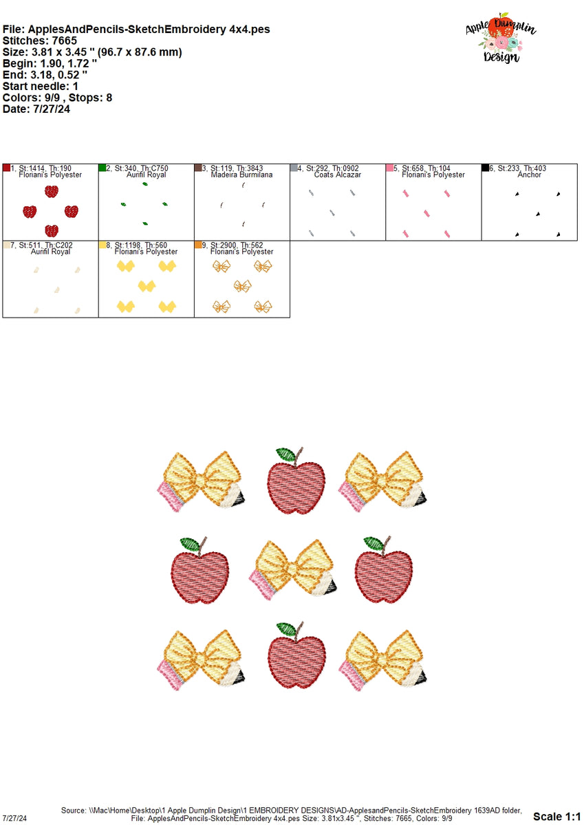 Apples and Pencils Sketch Embroidery Design – Apple Dumplin Design