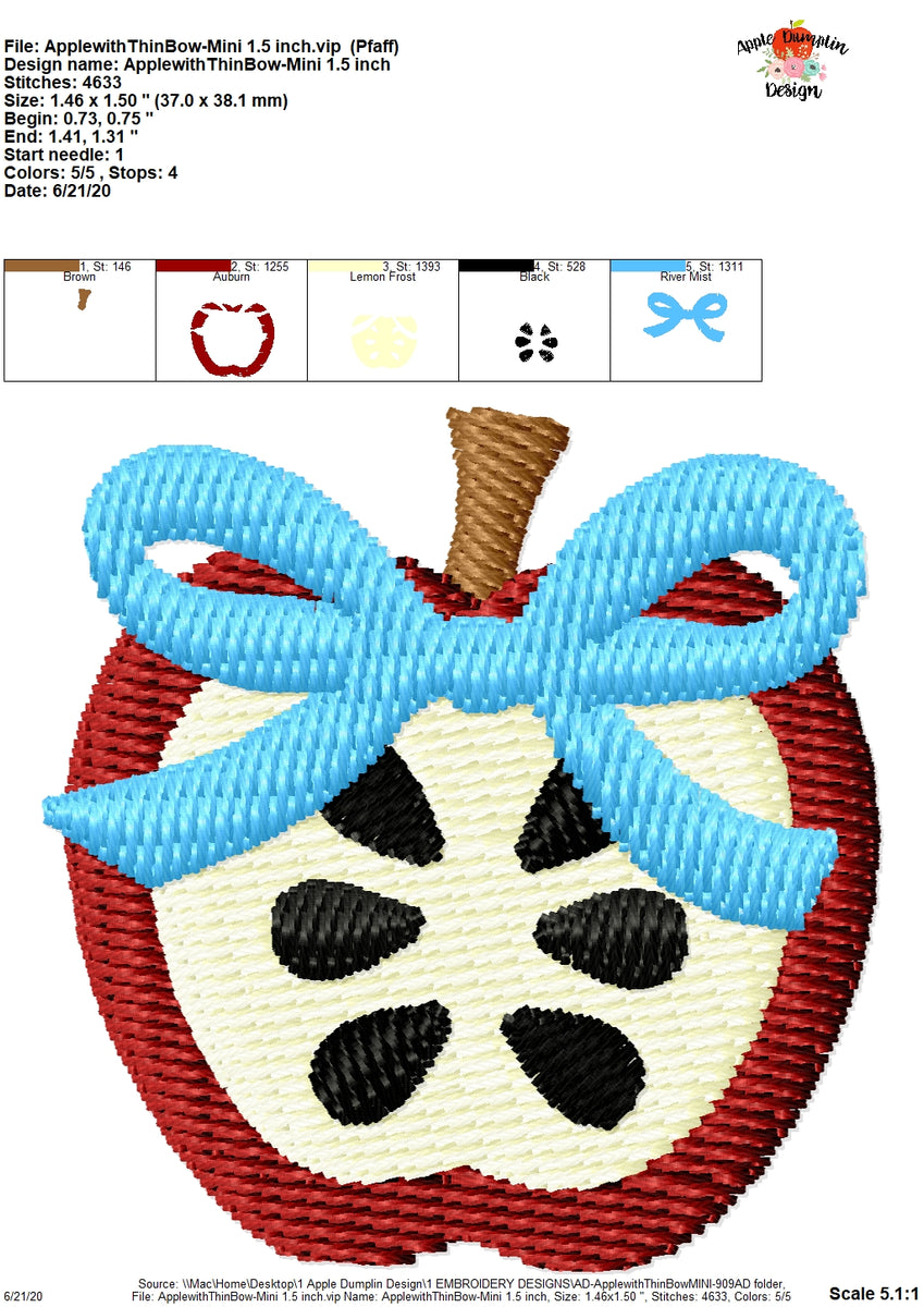 Apple with Bow Mini Embroidery Design – Apple Dumplin Design