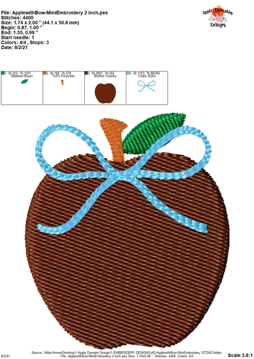 Apple with Bow Mini Embroidery Design – Apple Dumplin Design