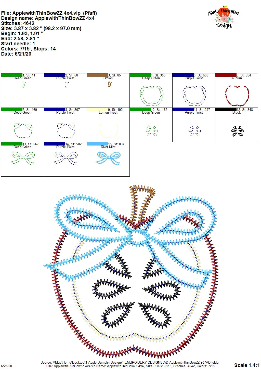 Apple with Bow Zigzag Applique Design – Apple Dumplin Design