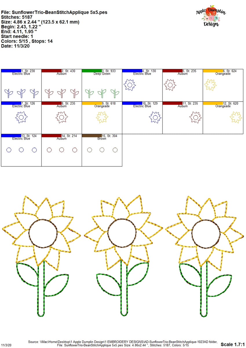 Sunflower Trio Bean Stitch Applique Design – Apple Dumplin Design