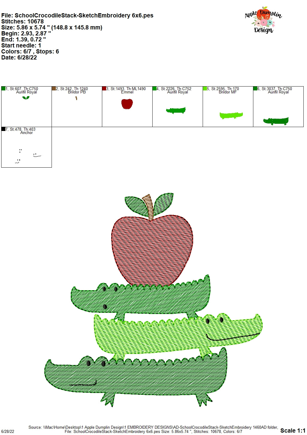 School Crocodile Stack Sketch Embroidery Design – Apple Dumplin Design