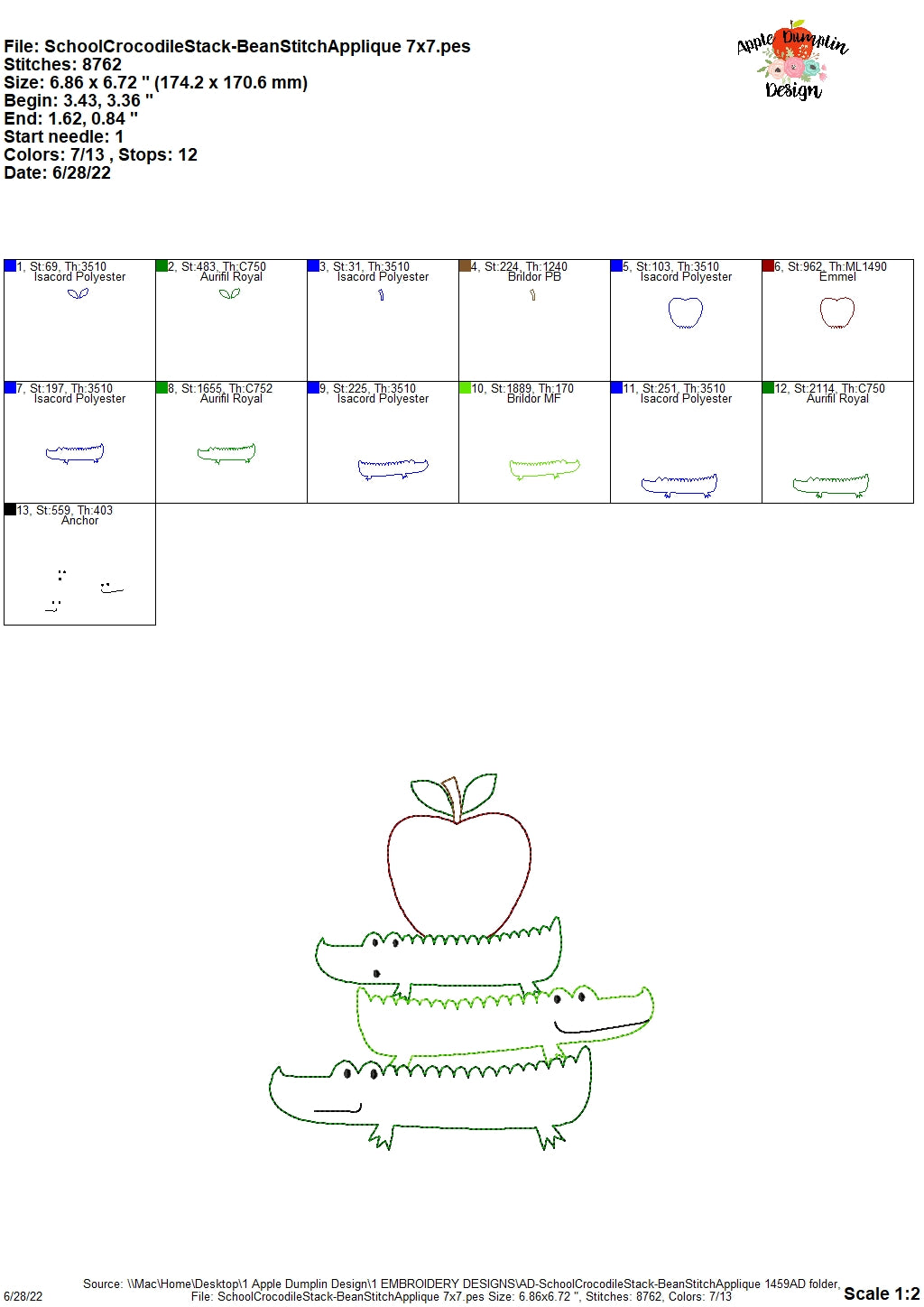 School Crocodile Stack Bean Stitch Applique Design – Apple Dumplin Design