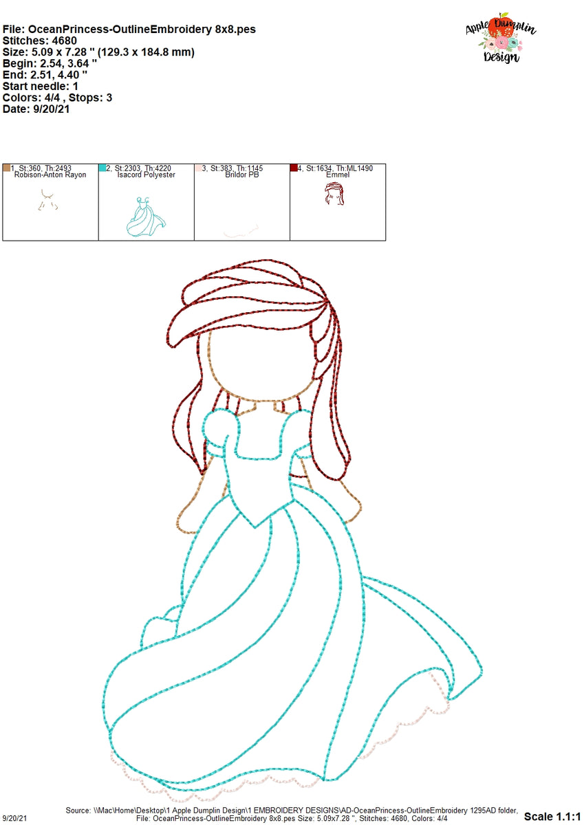 Ocean Princess Embroidery Design – Apple Dumplin Design