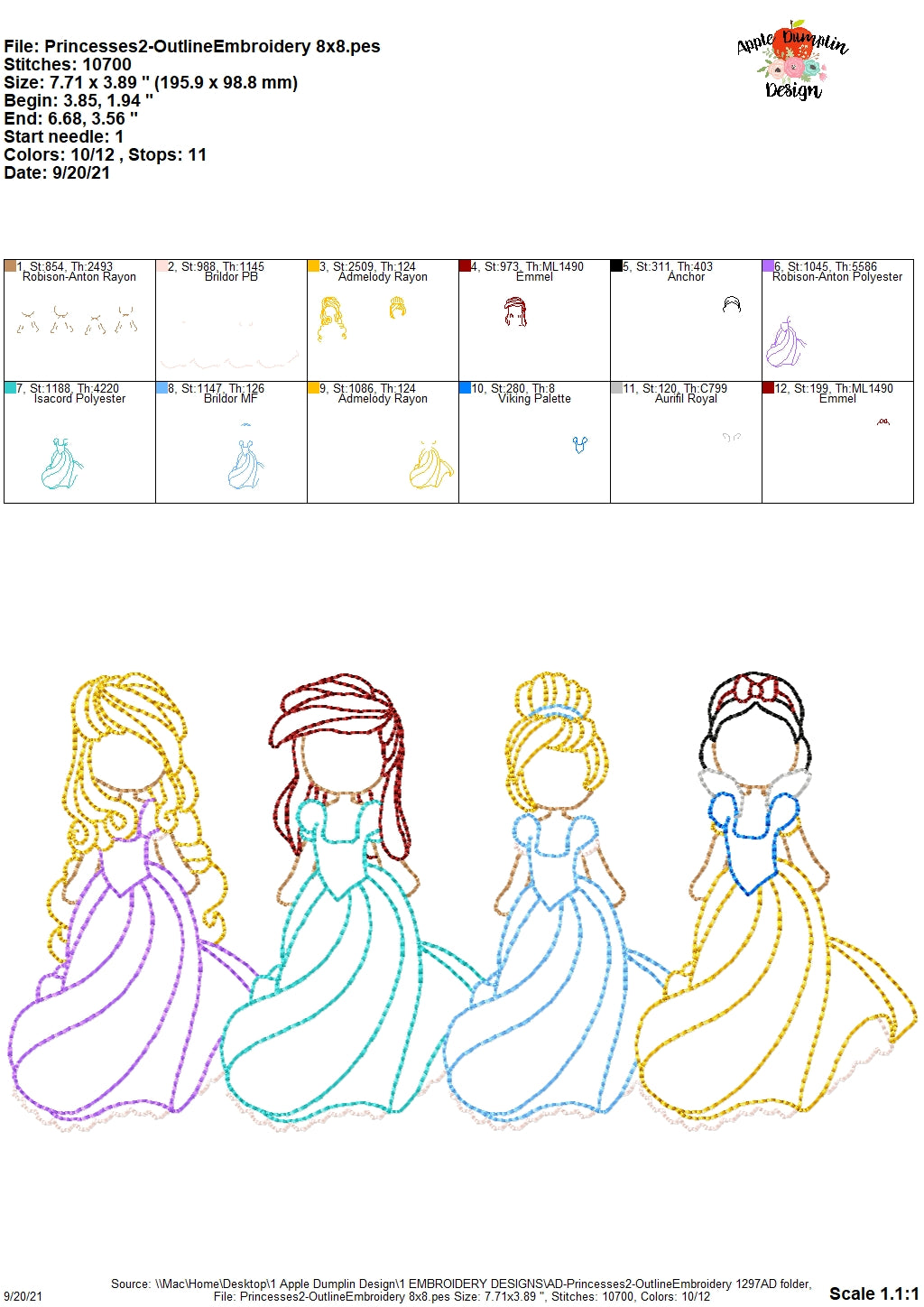 Princesses #2 Embroidery Design – Apple Dumplin Design