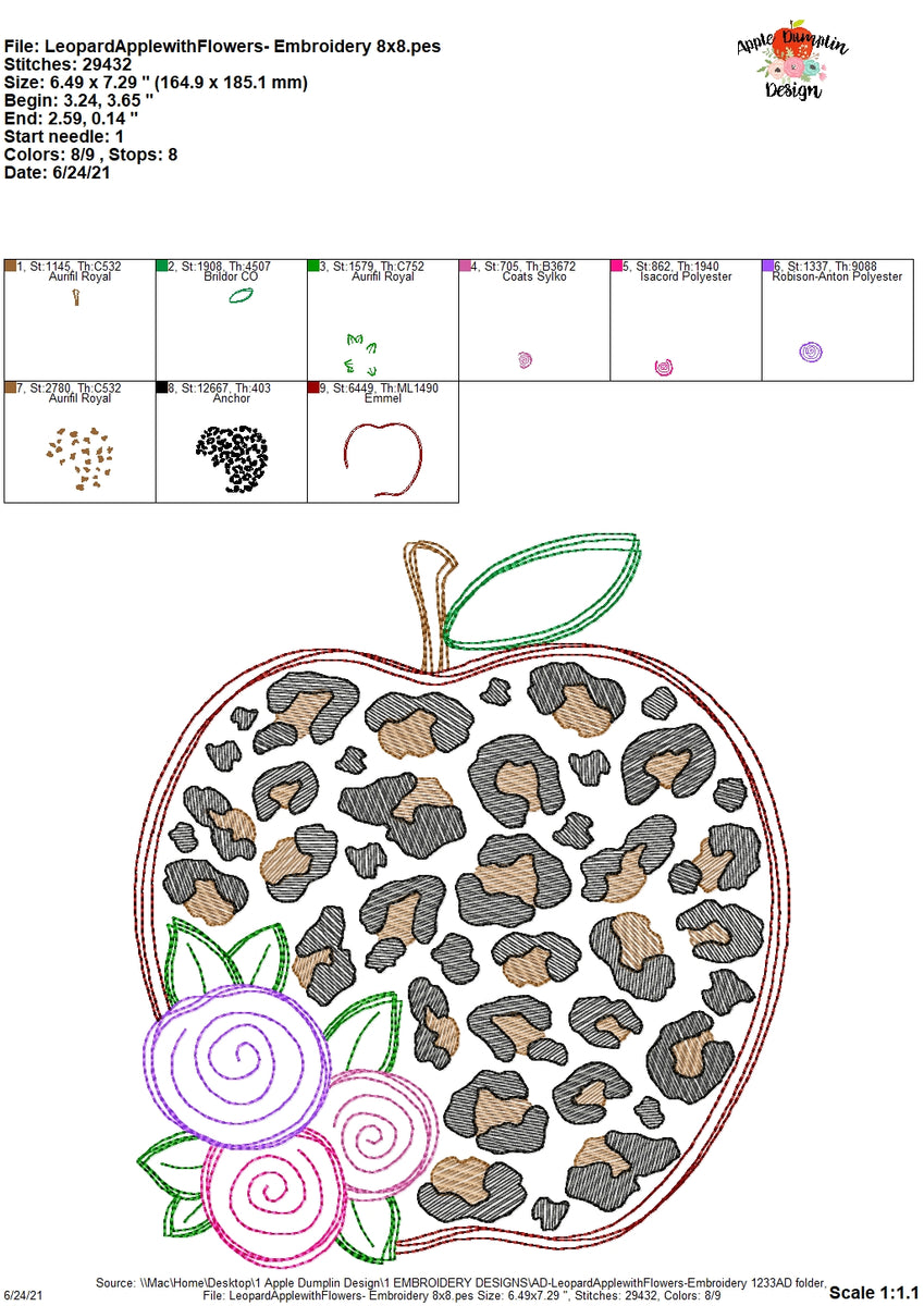 Leopard Apple with Flowers Sketch Embroidery Design – Apple Dumplin Design