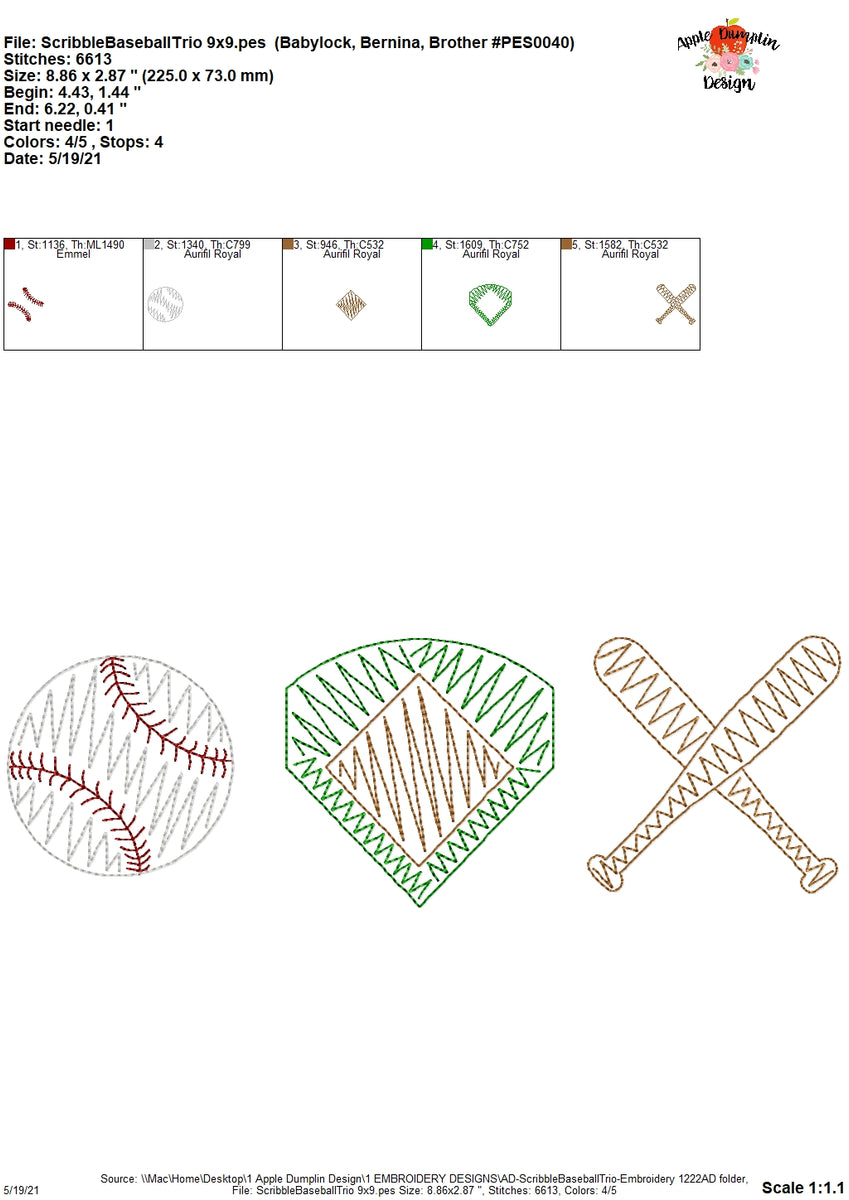 Scribble Baseball Trio Embroidery Design – Apple Dumplin Design