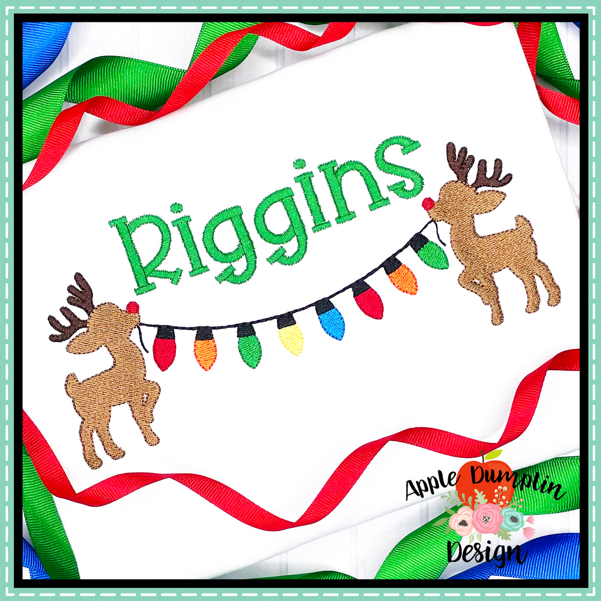 Reindeer Christmas Lights Banner Embroidery Design – Apple Dumplin Design